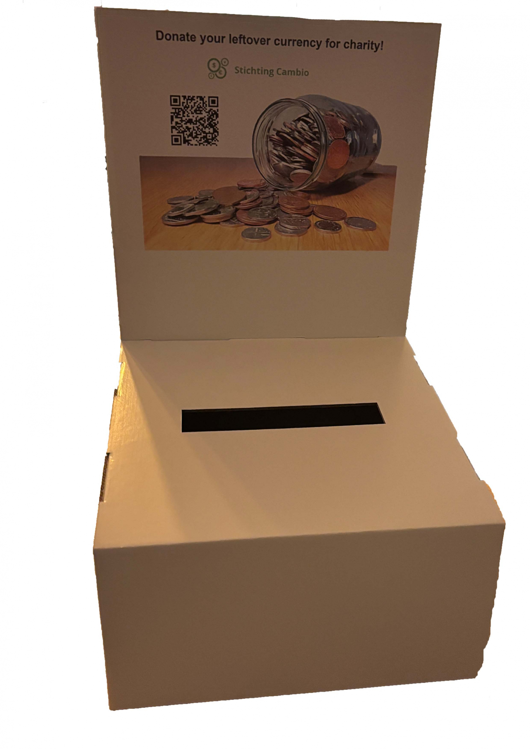 Request a free donation box for foreign money and contribute to your ...